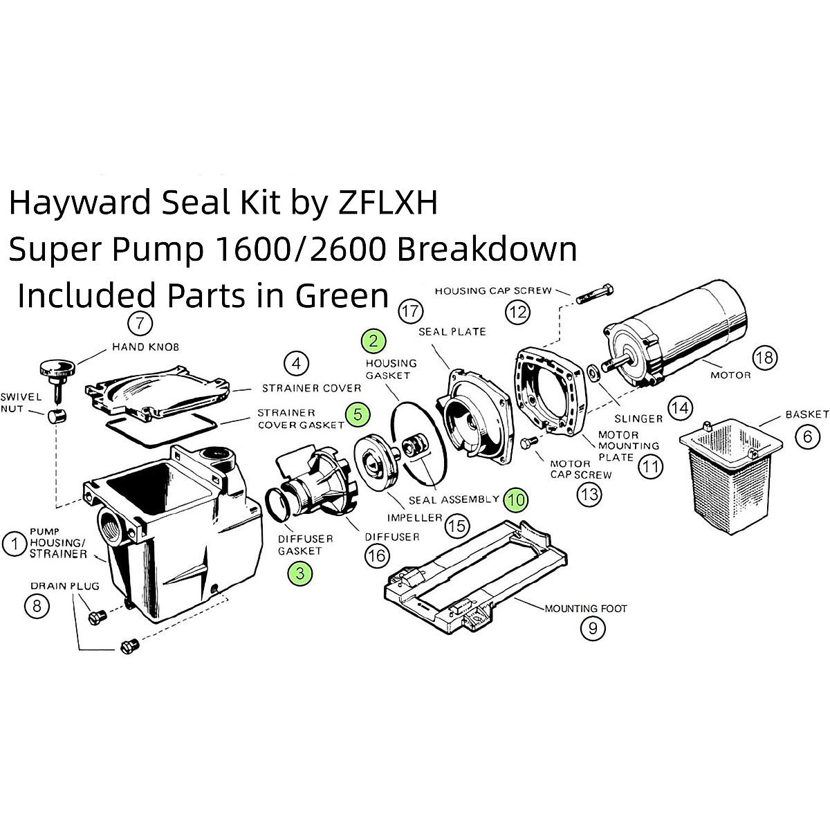 ZFLXH Super Pump Seal Replacement for Hayward Go Kit 3. All 3 Gaskets & Shaft Seal. Fits All SP1600, SP2600 in Regular, X, VSP Models. SPX1600TRA SP1600Z2 PS-201 SPX1600R SPX1600S SPX1600T Pool