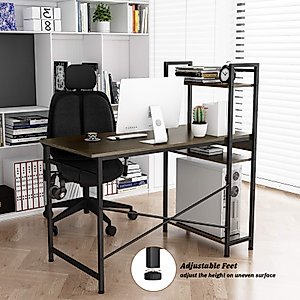 Engriy Computer Desk with 4 Tier Shelves for Home Office, 47" Writing Study Table with Bookshelf and 2 Hooks, Multipurpose Modern Wood Desk Workstation with Metal Frame for PC Laptop, Walnut Black