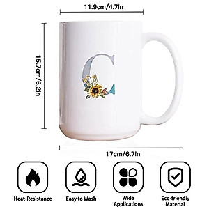 Yelolyio Watercolor Floral Monogram Coffee Mug, Alphabet Initial Letter C Coffee Cup, Monogram Mug Cup, 15oz