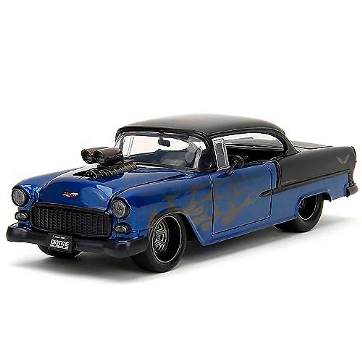 1955 Chevy Bel Air Blue Metallic and Black with Black Flames Bigtime Muscle Series 1/24 Diecast Model Car by Jada 34721