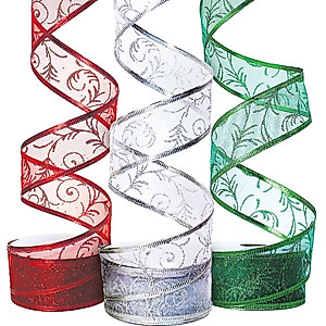 Christmas Ribbon for Gift Wrapping Ribbons Wired 1.5 Inch Set of Ribbon Wire Red Green Silver/White Sheer Organza Glitter Gift Wrap Xmas Tree Decoration Holiday Craft Gifts 30 Yards / 10 Yard Ea. Roll