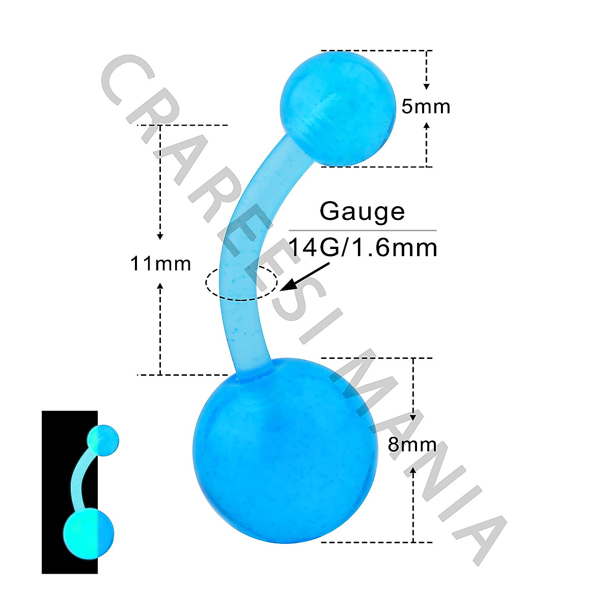 CM Crareesi Mania 10Pieces Belly Button Rings Glow in The Dark Belly Rings 14G Acrylic Flexible Banana Barbells Colorful Navel Piercing Jewellery Navel Bars