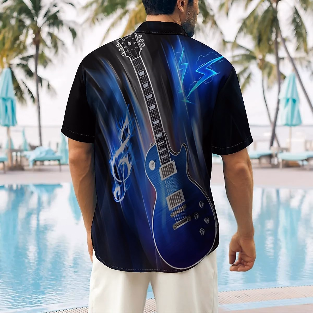 Ecosunny Men's Blue Lightning Electric Guitar Shirts Short Sleeve Hawaiian Gradient Casual Button Down Music Shirt