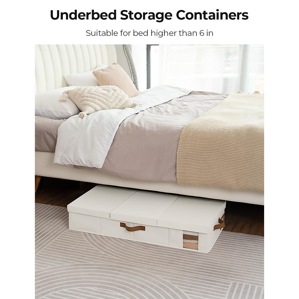 StorageWorks Under Bed Storage with Lid, Underbed Storage Containers with Handles, Underbed Organizer for Bedroom, Foldable Clothing Storage Bins, Box for Blankets, Large, Beige, 2-Pack