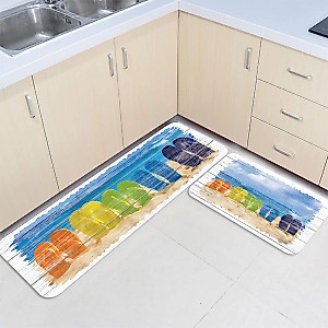ZOE GARDEN 2 Pcs Kitchen Rug Set, Blue Sky Colorful Flip Flops Non-Slip Kitchen Mats and Rugs Comfort Floor Door Mat Doormat, Abstract Vintage Beach Throw Bath Runner Rug Mat