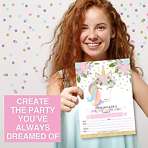 Hadley Designs 25 Pastel Unicorn Kid Party Invitation, Birthday Royal Princess Queen Crown Girl Bday Invite, Magical Rose Pink Gold Floral Glitter Rainbow Bday Idea, Magic Fairytale Printable Template