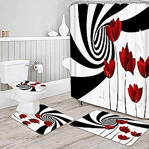 Valentine's Day Shower Curtain Set, 3D Romantic Rose Style Printing Shower Curtain Carpet Floor Mat Combination Bathroom Toilet Mat 4 PCS (D)