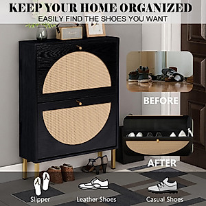 Yoluckea Rattan Shoe Cabinet with 2 Flip Drawers for Entryway Modern Wooden Shoe Rack Shoe Storage Cabinet Free Standing Shoe Rack for Heels Slippers for Entryway Hallway Bedroom Small Space (Black)