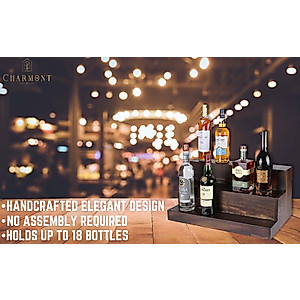 Charmont 3 Tier Real Wood Liquor Bar Bottle Display Shelf 24’’ - Freestanding 18 Bottle Liquor Stand - Made in The USA - Liquor Cabinet Décor for Home Bar-Dark Walnut