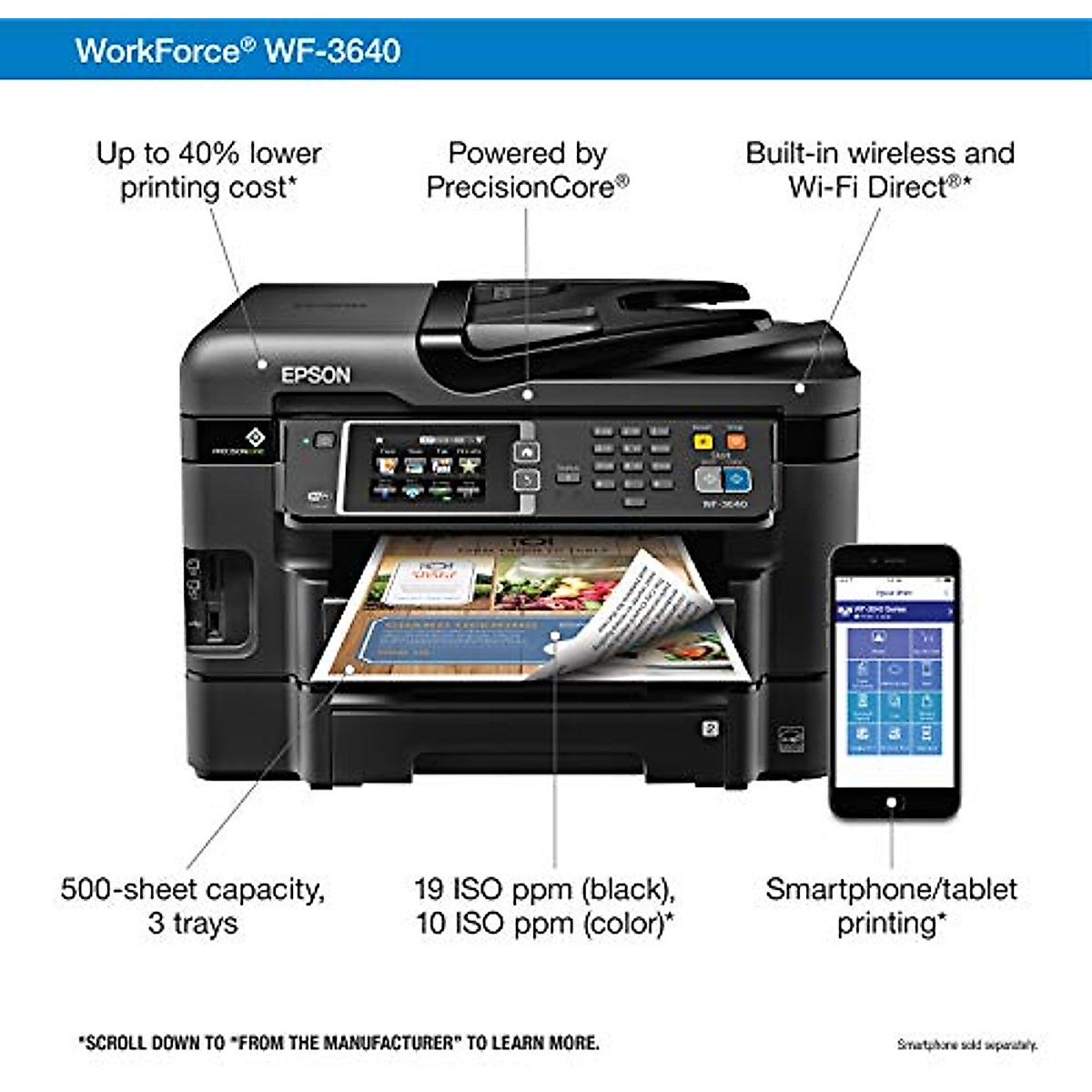 Epson WorkForce WF-3640A Wireless Color All-in-One Inkjet Printer with Scanner and Copier