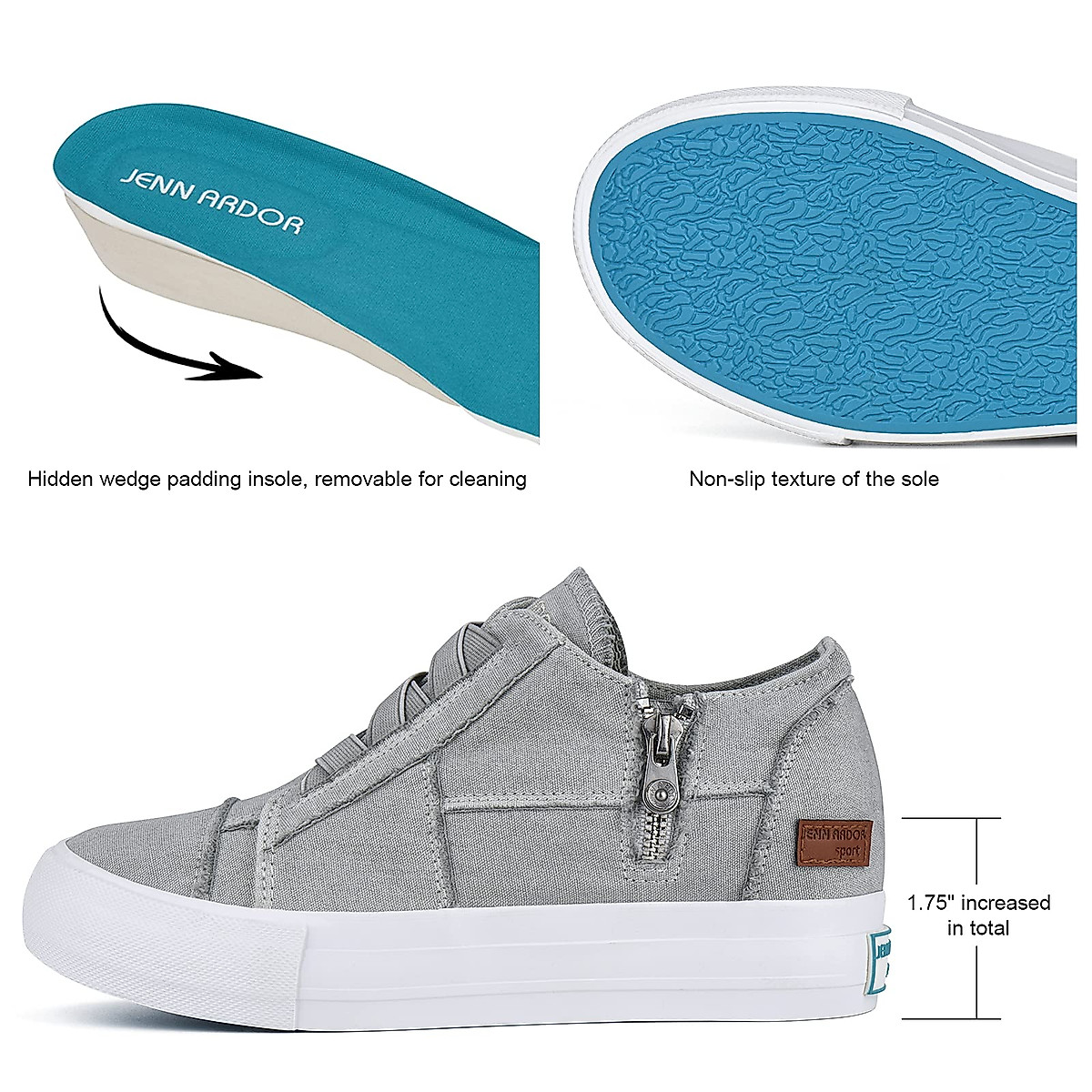 JENN ARDOR Wedge Sneakers for Women Fashion Canvas Shoes Casual Platform Hidden Heel Womens Slip On Sneaker Non Slip Side Zipper Light Grey