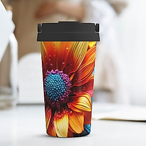 GTKSYNVE Reusable Coffee Mug with Lid and Handle, Colorful Sunflower Tumbler for Hot & Cold Drinks 16oz Stainless Steel Insulated Coffee Tumblers Double Wall Vacuum Thermal Cup