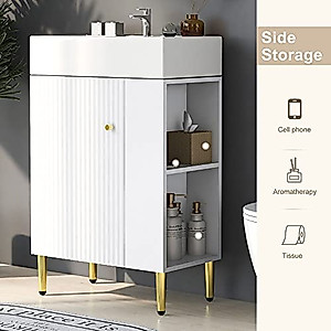 JUOFONE 21.6" White Bathroom Vanity with Sink Combo, Modern Bathroom Cabinet with Door, Freestanding Single Bathroom Vanity Set with Open Shelves (White_ Shelf on The Right)
