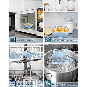 OFUN 8 Pack Silicone Toddler Feeding Set, Baby Led Weaning Supplies with Adjustable Bib, Divided Suction Plate, Bowl and a Sippy Cup, with 2 Spoon, 2 Folk, Eating Utensil for 6+ Months, Blue