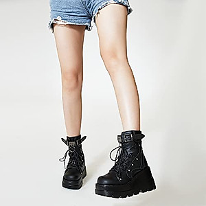 Tscoyuki Platform Ankle Boots for Women Chunky High Heel Booties Gothic Round Toe Combat Boots Women Lace Up Motorcycle Wedges