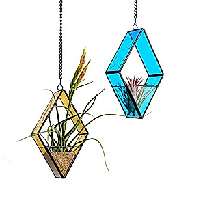 Stained Glass Terrariums Hanging, 2 Packs Geometric Window Planters with Chain for Windowsill Decor Small Succulent Tillandsia Glass Container Terrarium Minimalist Air Plant Holders