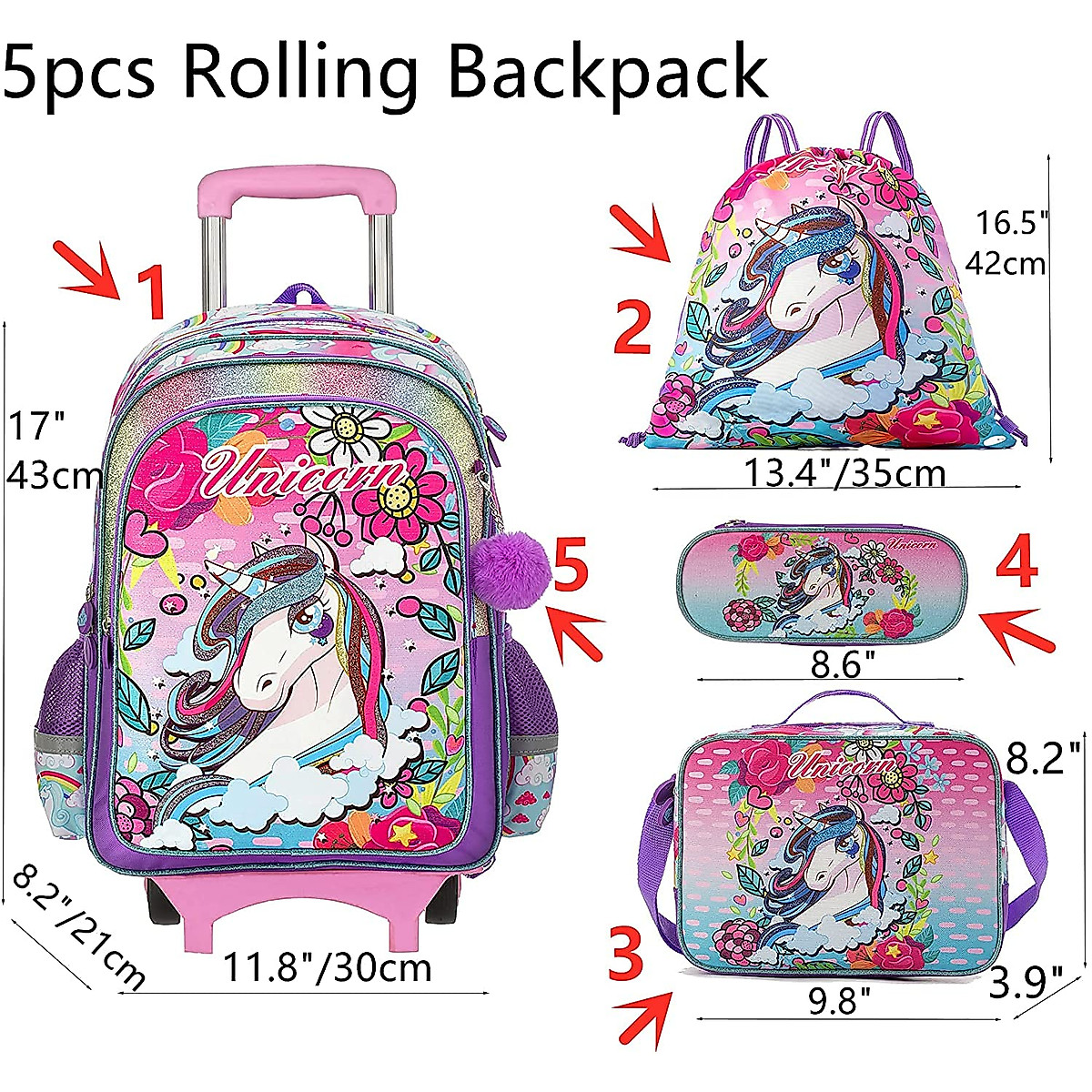 Egchescebo Kids Rolling School Backpack Bags for Girls With Wheels Trolley Roller Wheeled 5PCS With Lunch Box Cute Unicorn Pattern Rolling Backpacks Bags Girls Pink