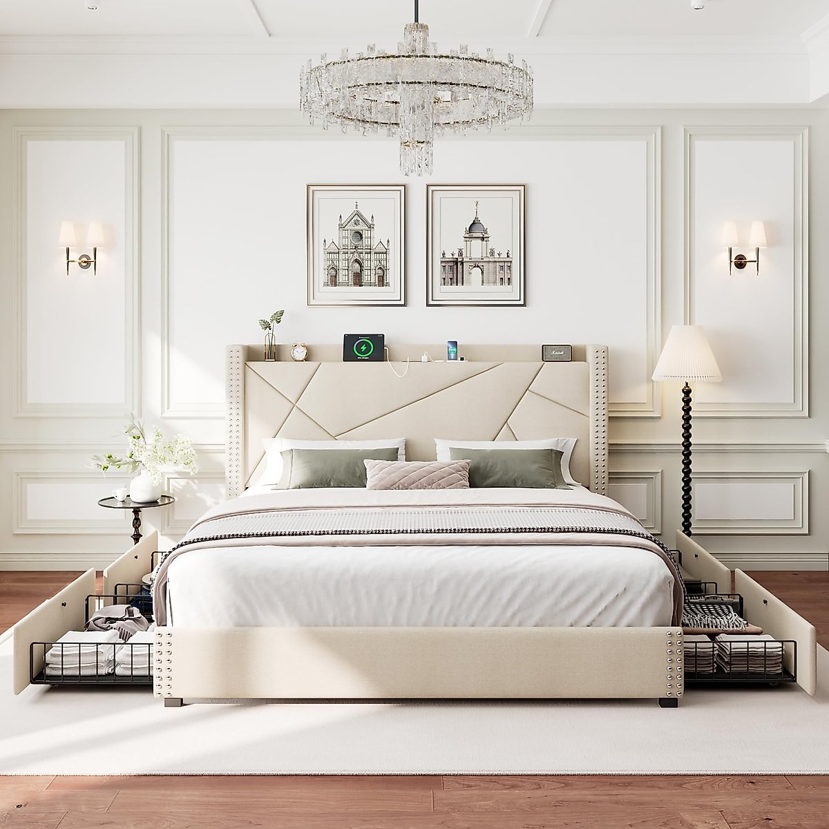 iPormis Queen Storage Bed Frame with 4 Drawers, Upholstered Bed Frame with Minimalist Wingback Headboard and Charging Station, No Box Spring Needed, Beige