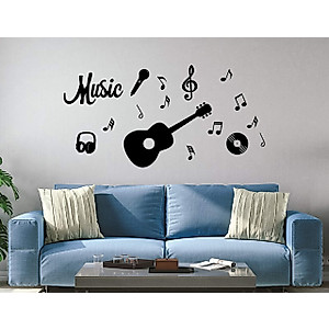 Guitar Music Wall Decal Sticker Musical Notes Music Notes Wall Decor Music Art Home Decor Vinyl Wall Mural Home Music Art Decoration Wall Stickers (1*Black+1*Grey)