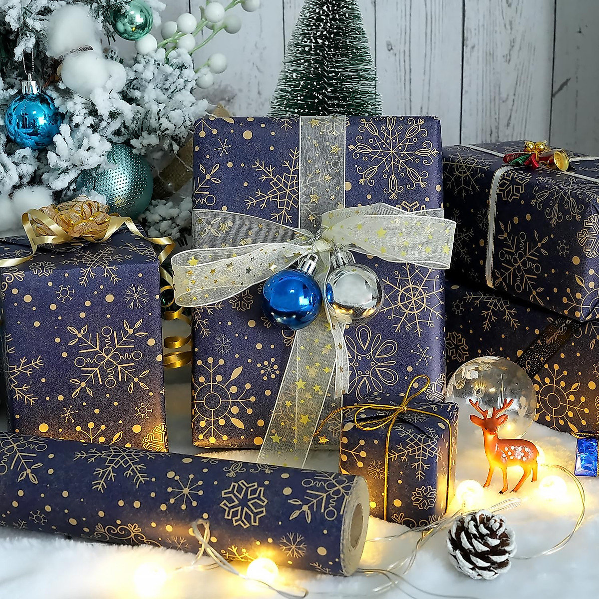 MAMUNU Christmas Wrapping Paper Roll, Navy Blue and Brown Kraft Gift Wrapping Paper Jumbo Roll, Snowflake Recycle Christmas Wrapping Paper for Gift Wrapping Arts Crafts Decorations, 17x590 Inch.