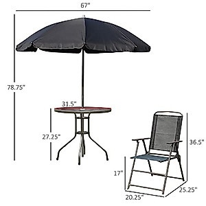 Outsunny 6 Piece Patio Dining Set for 4 with Umbrella, Outdoor Table and Chairs with 4 Folding Dining Chairs & Round Glass Table for Garden, Backyard and Poolside, Black