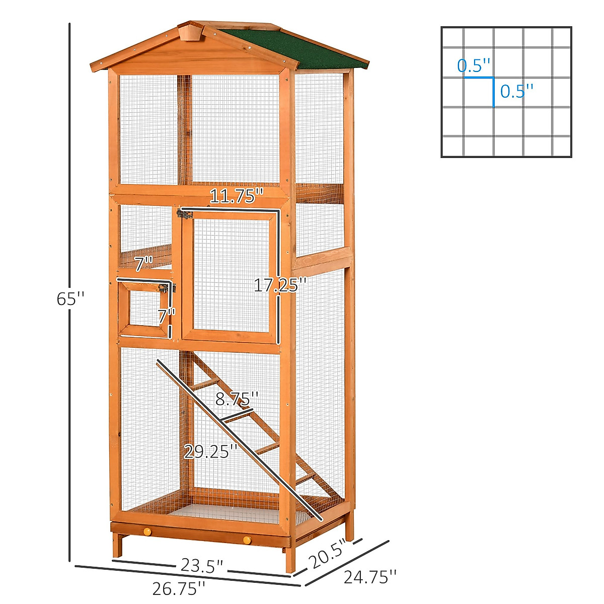PawHut 65" Wooden Bird Cage Outdoor Aviary House for Parrot, Parakeet, with Pull Out Tray and 2 Doors, Natural