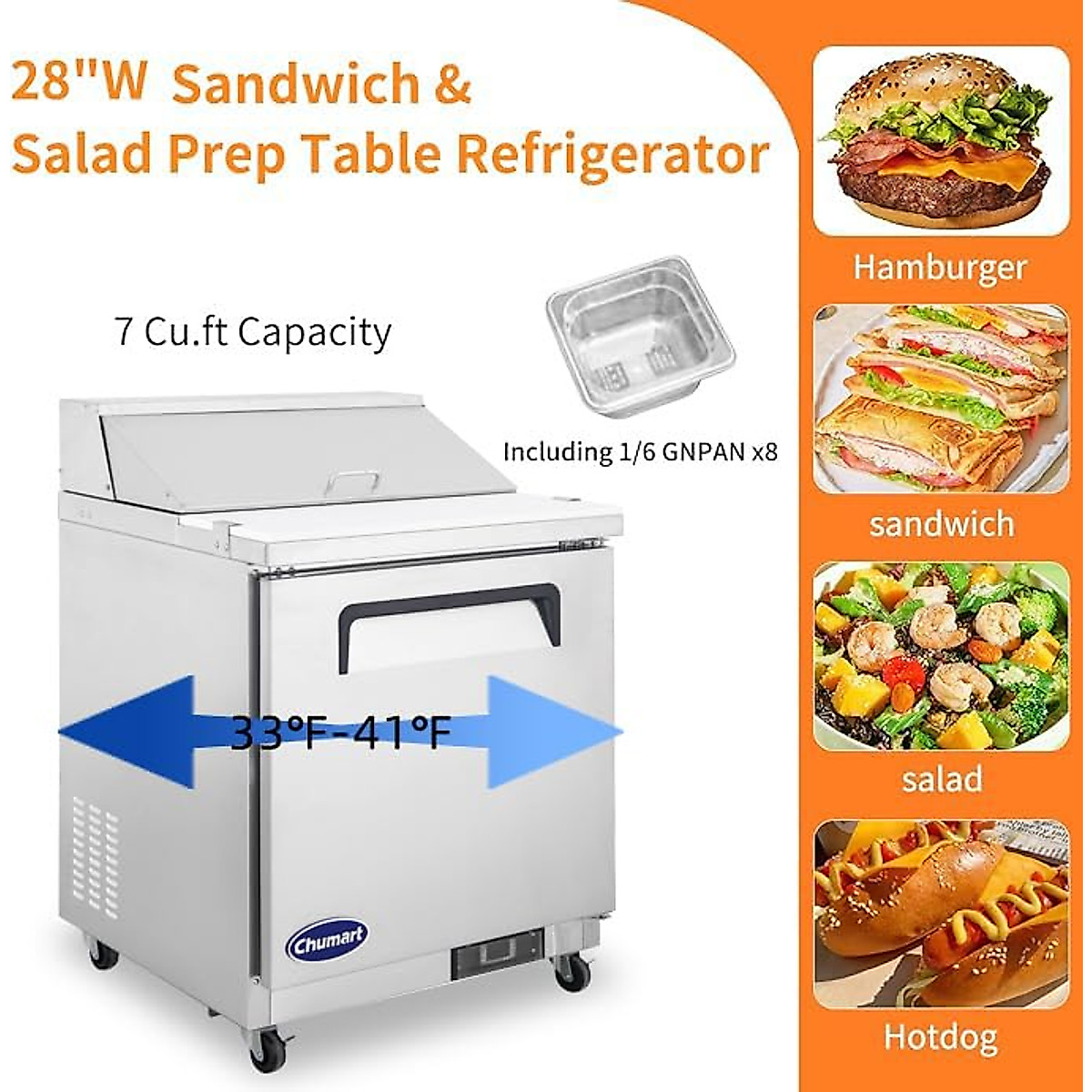 CHUMART 29" W Sandwich Salad Prep Table Refrigerator 9 Cu.Ft Commercial Refrigerators, Fan Cooling Food Prep Fridge with 8 Pans, Salad Bar with Cut Board for Buffet Restaurant, Bar, Shop, etc