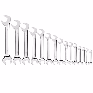 15-Piece Premium Angle Head Open End Wrench Set, Chrome Vanadium Steel, Mirror Chrome Finish | Include Metric Sizes 10, 11, 12, 13, 14, 15, 16, 17, 18, 19, 20, 21, 22, 23, 24mm with Storage Rack