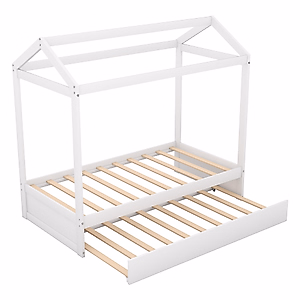 PVWIIK Twin Size Floor Bed with Trundle & Roof Design for Kids, Girls, Boys,Solid Wood Bedframe,Easy Assembly & No Box Spring Needed, White