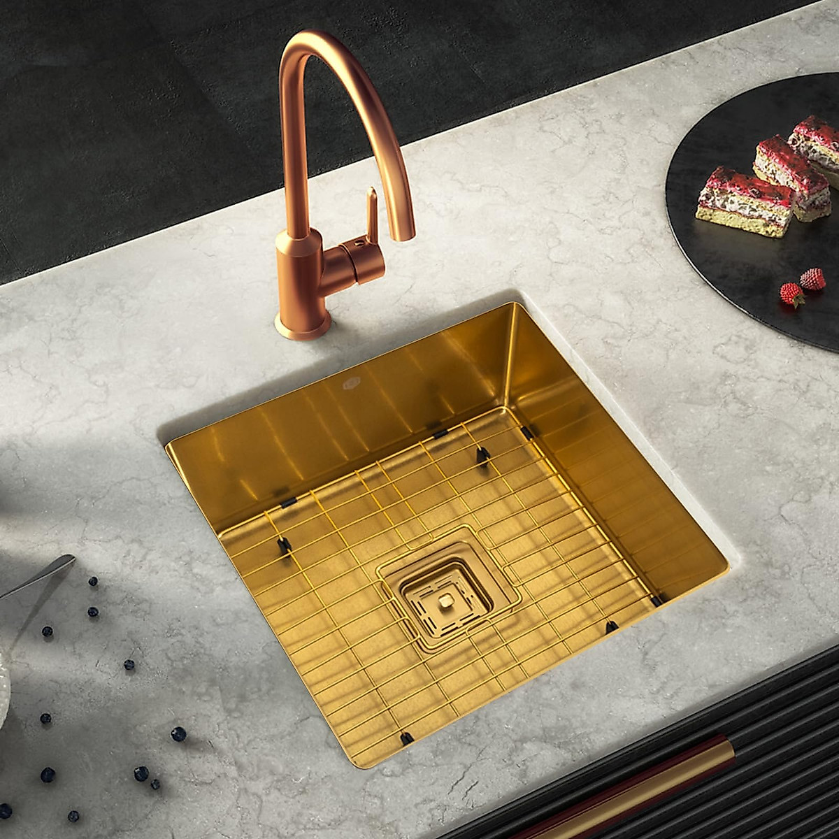 Strictly Sinks Undermount Bar Prep Sink – 18 Inch 16 Gauge Embossed Leather Texture Gold Wet Bar Prep Kitchen Sink with Bottom Grid and 1 Square Strainer Drain