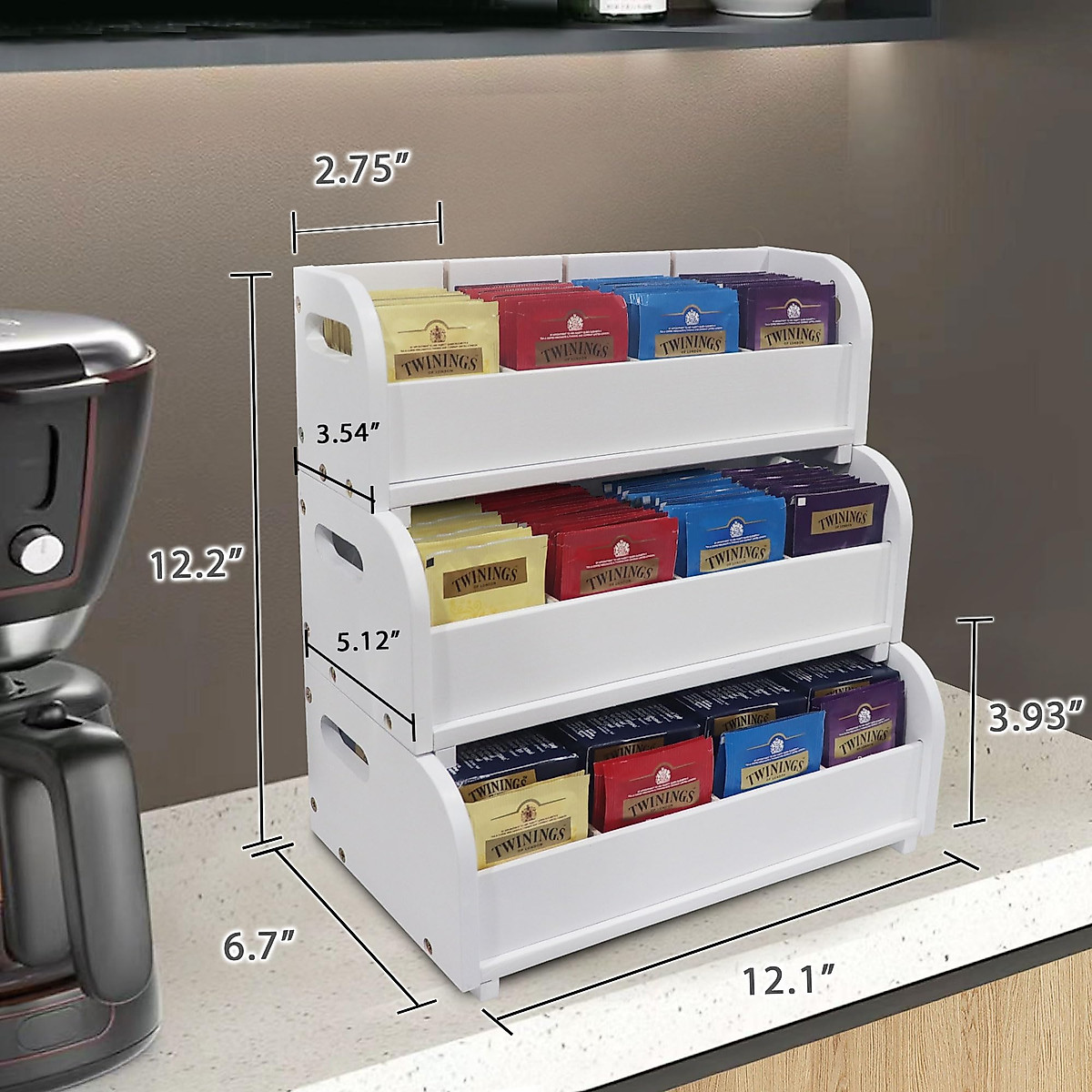 Tea Bag Storage Organizer Box - Bamboo Tea bags Holder 3-Tier Stackable Wall Mount Large Capacity Tea Caddy Containers for Pantry Countertop Kitchen Counter Cabinet Office (White)