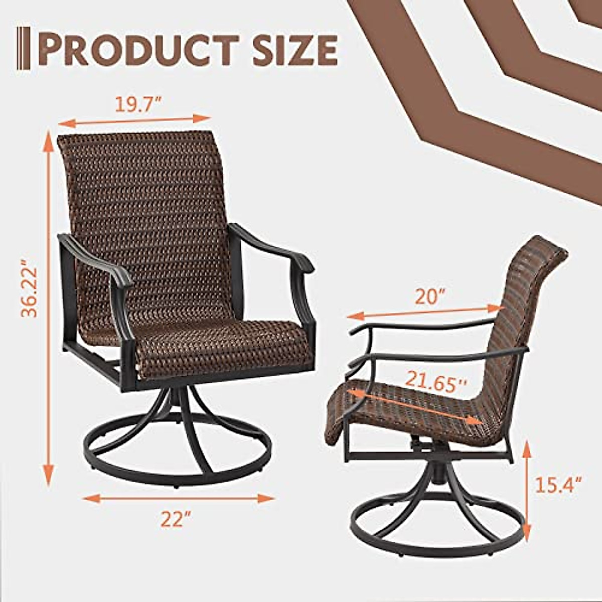 EROMMY Patio Wicker Swivel Chair Set of 2, Heavy Duty Outdoor Dining Chair with 23.5'' High Back, Extra-Large Water-Fall Seat, Rattan Porch Chair Gentle Rocker for Outside, Garden, Backyard, 4 PCS