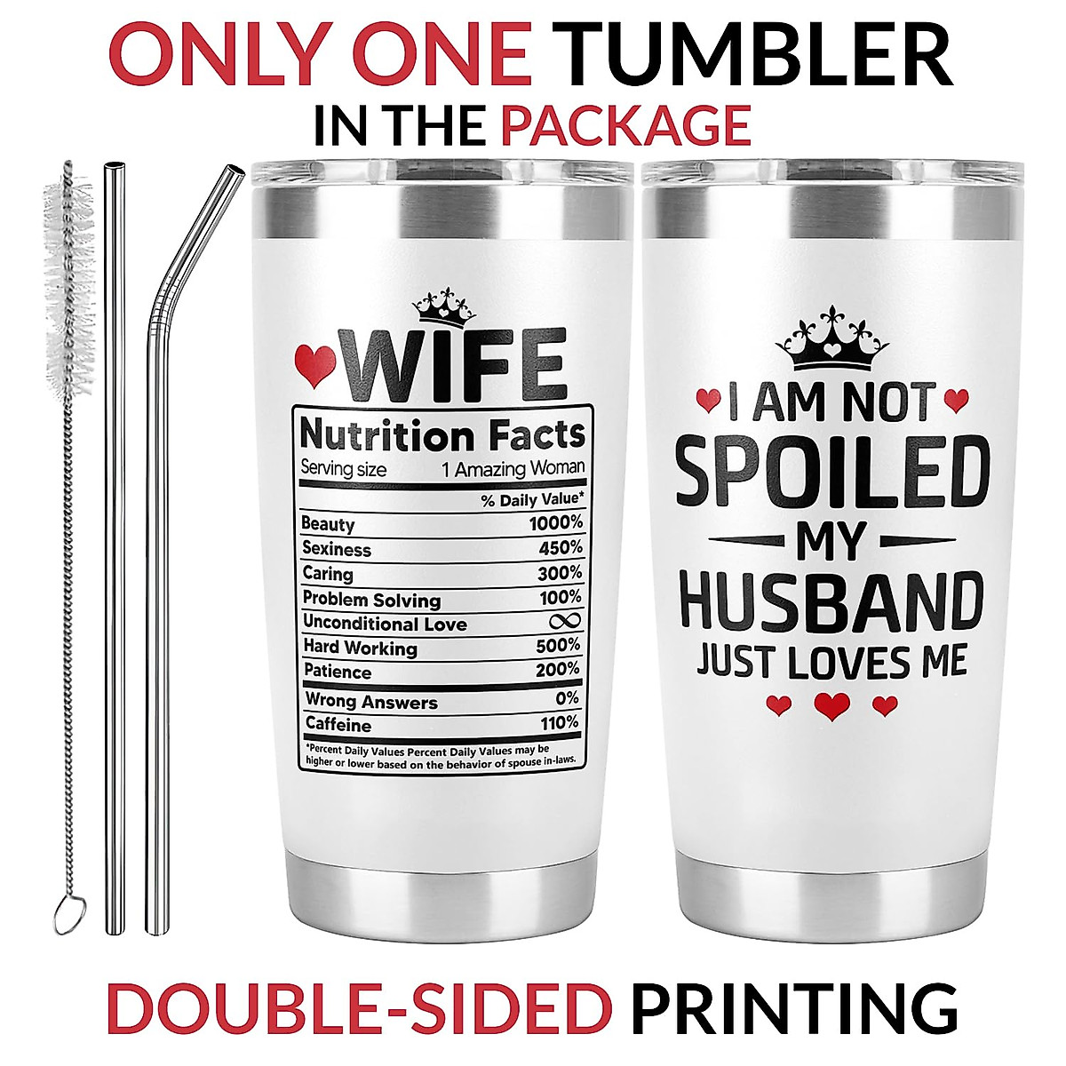 Gifts for Wife from Husband, Wife Gifts, I Am Not Spoiled My Husband Just Loves Me Tumbler Cup 20 Oz, Anniversary Wedding, Wife Birthday Gift Ideas, Mothers Day