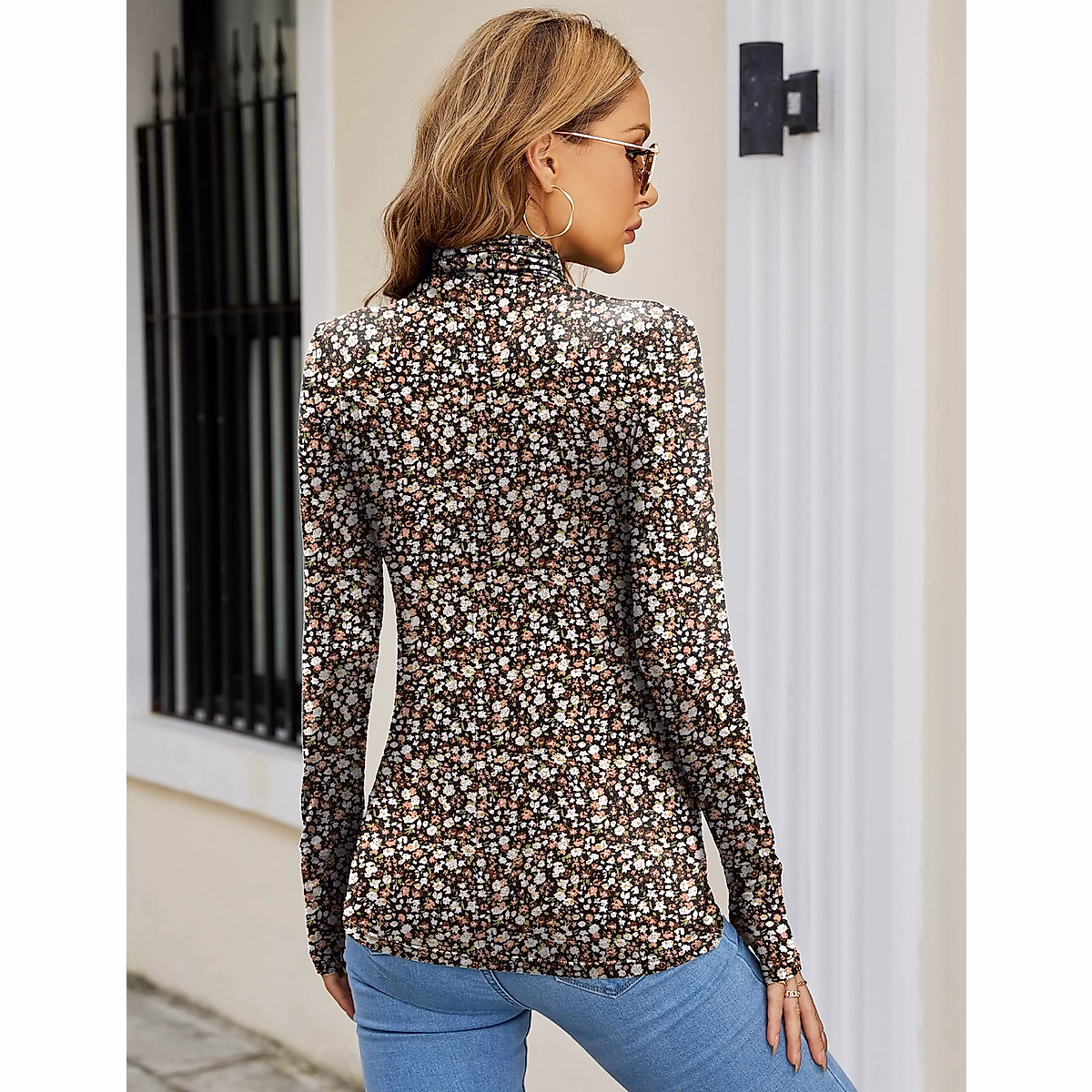 LUYAA Women's Plus Size Warm Long Sleeve Turtleneck Top Ultra Soft Fall Thumb Holes Black Small for Fall Winter Black Floral Medium