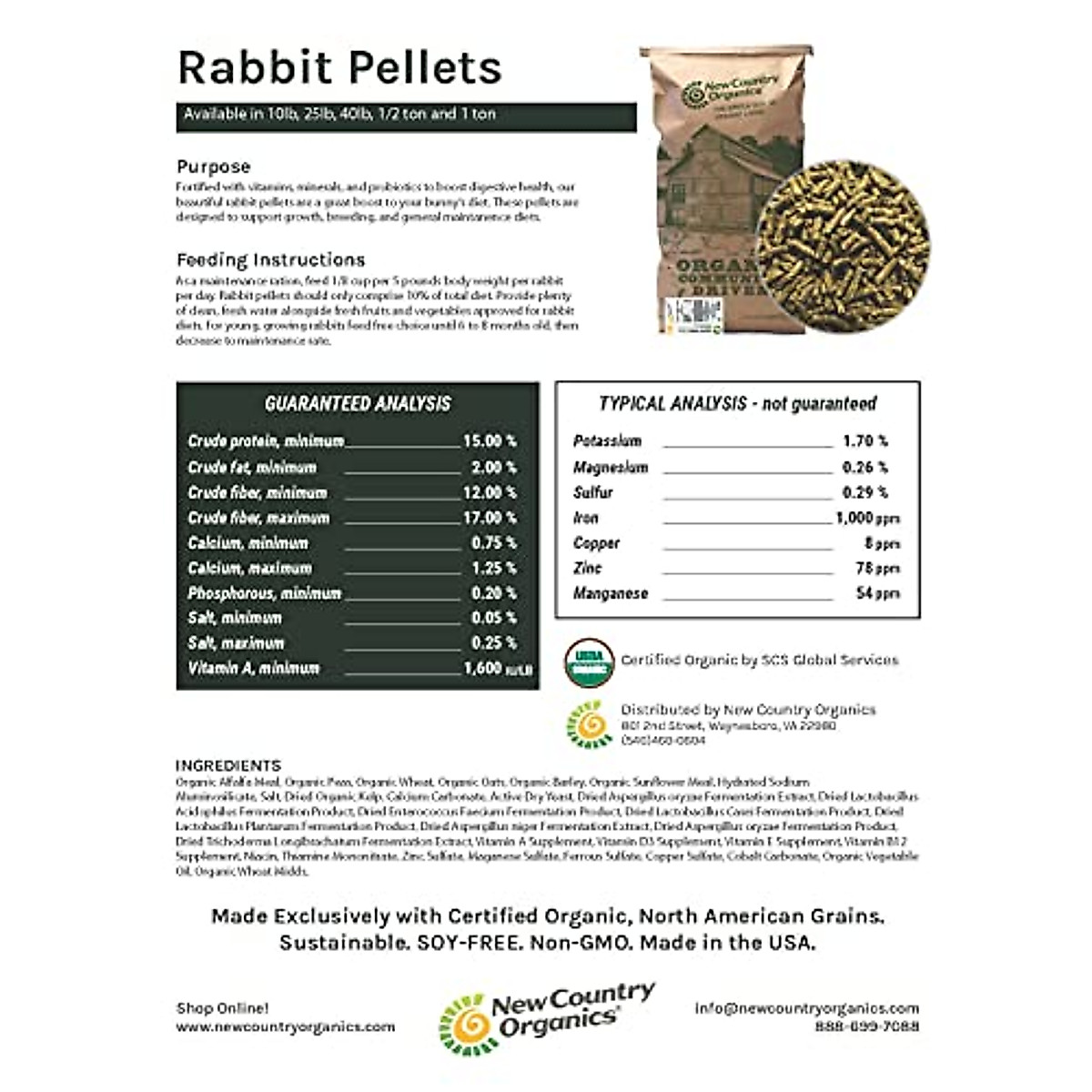 New Country Organics | Rabbit Pellets | Corn-Free and Soy-Free | 15% Protein | Certified Organic and Non-GMO | 40 lbs