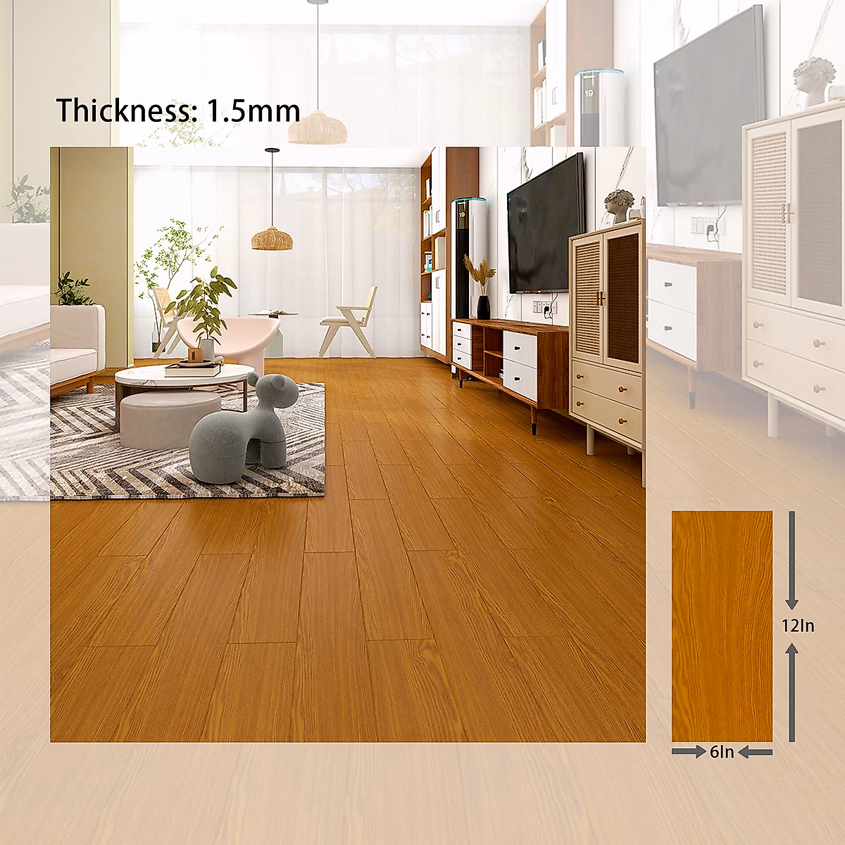 Thicker Peel and Stick Floor Tile，Intensification Vinyl Flooring Roll 12" x 6" x 0.06" 1-Pack 1.5 Sq.Ft Floor Honey Wood Grain Look DIY Self-Adhesive and Waterproof Flooring for Bedroom, Living Room