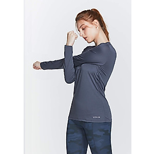 ATHLIO Women's UPF 50+ Long Sleeve Workout Shirts, UV Sun Protection Running Shirt, Dry Fit Athletic Tops, Round Neck 3pack Shirts Black/Charcoal/Navy, X-Large