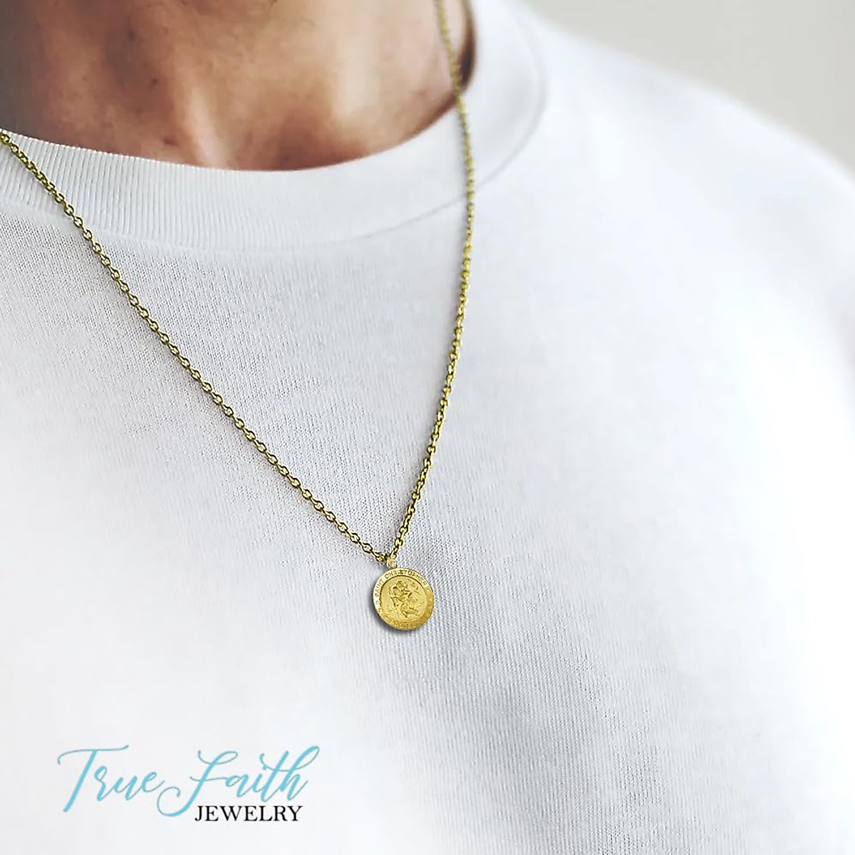 TrueFaithJewelry 14K Gold-Plated Sterling Silver Saint Christopher Medal Patron Saint Pendant Necklace Religious Jewelry, 3/4 Inch