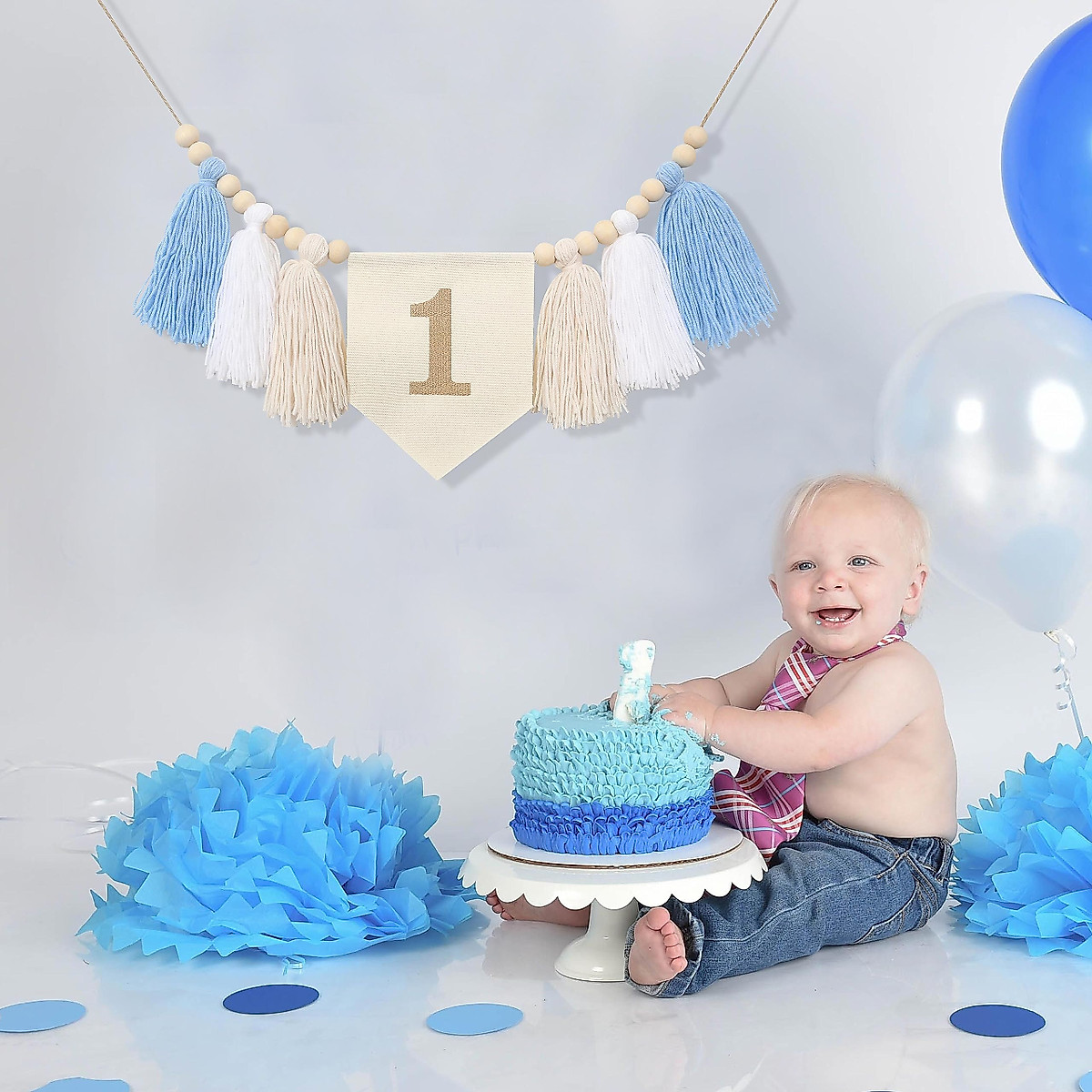 HGFC Embroidery Tassel High Chair Banner - Wood Bead Tassel 1st Birthday Banner - Sky Theme First Birthday Party Decoration - Birthday Baby Boys Tassel Garland - Birthday Cake Smash Backdrop Banner
