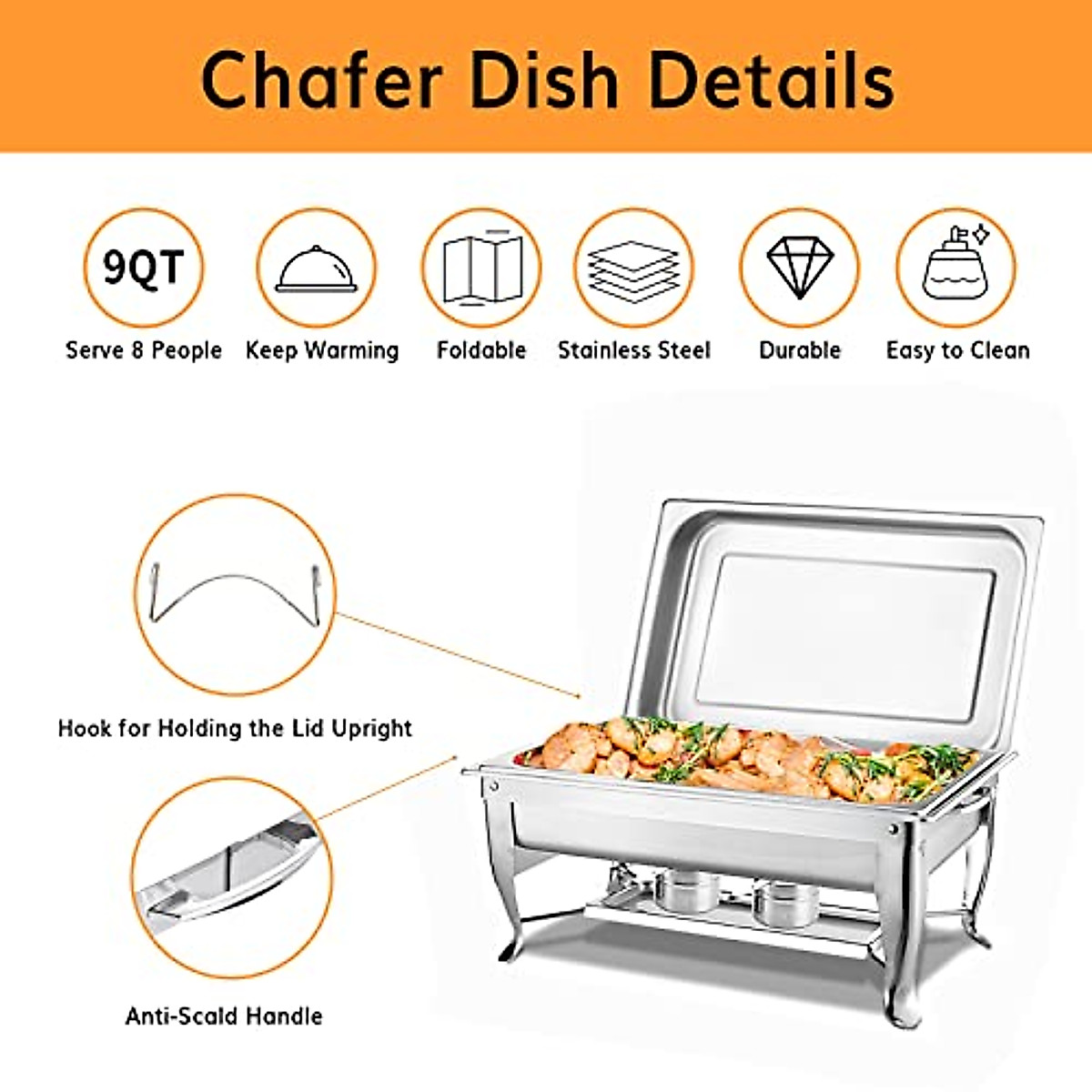 Chafing Dish 9QT 2 PACK NEW Stainless Steel, Full Size Chafing Dish Buffet Set, Foldable Rectangular Chafers for Catering, Chafer Dish Set with Fuel Holder, Chaffing Servers with Covers & Food Clip
