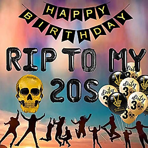 Geloar RIP To My 20s 30th Birthday Party Supplies, RIP TWENTIES Balloons Happy Birthday Banner for Death to My 20s Twenties RIP Youth Men Women Dirty 30 Funny 30th Bday Decorations Set of 24 PCS