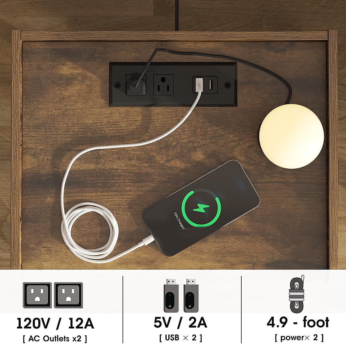 HOSEOKA Nightstand with Charge Station and USB Ports, Modern Bedside Table with 2 Drawers & Storage Shelves, Wooden Accent Night Stand with Metal Frame, Vintage End Table for Bedroom, Brown