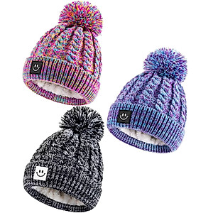 Baby Beanie Hat 3 Packs with Cute Smiley Face, Baby Winter Hat Fleece Lined,Toddler Beanie with Pom Pom for Girls Boys Rainbow Mix & Black Mix & Purple Mix