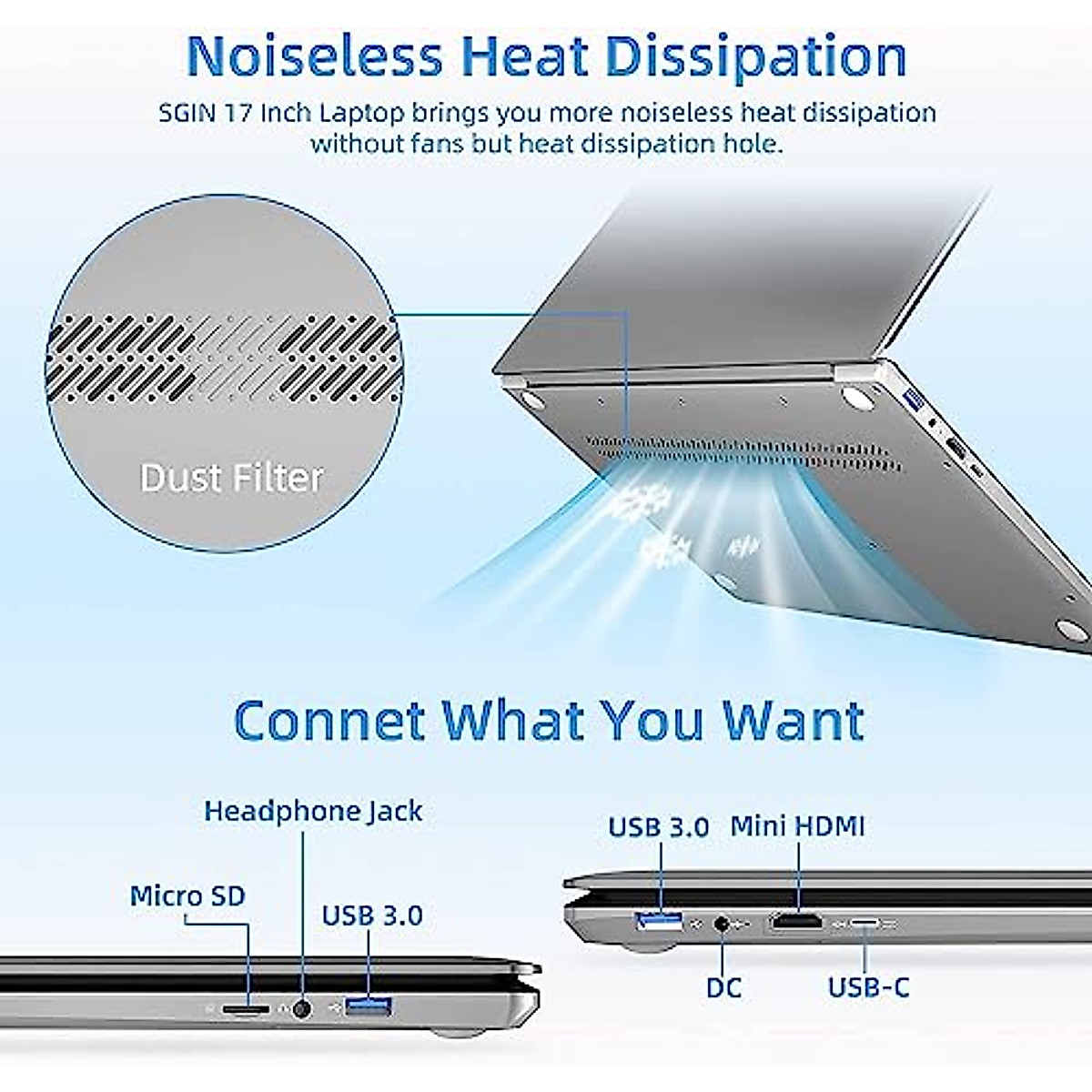 SGIN Laptop Computer, 17 Inch 1920 * 1080 IPS Display，4GB RAM 128GB ROM, Windows 11 Laptops with Intel Celeron Quad Core Processor, Mini HDMI, Webcam, Dual-Brand WiFi, 512GB Expansion