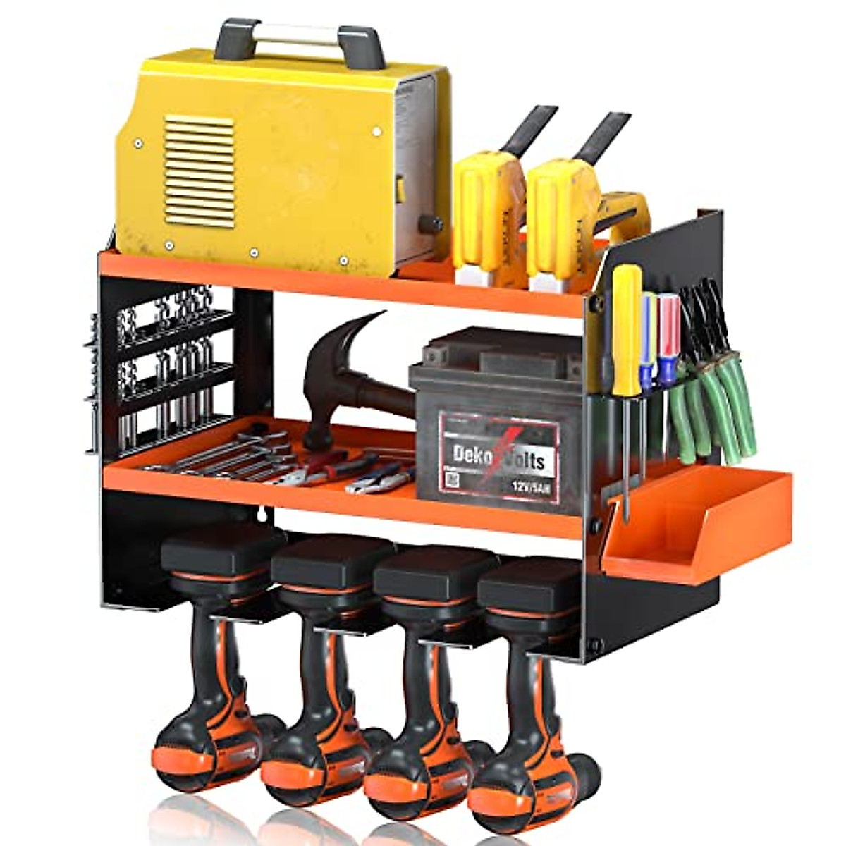 QZER Power Tool Organizer Wall Mount - Heavy Duty Drill Holder with 4 Drill Storage Slots & 2 Large Capacity Compartments, Cordless Drill Storage Rack & Garage Drill Charging Station