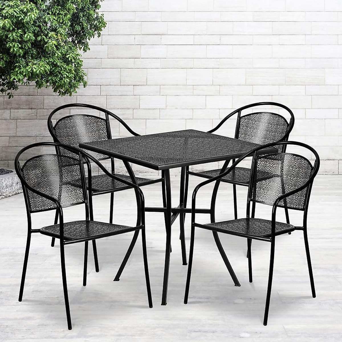 Flash Furniture Oia Commercial Grade 28" Square Black Indoor-Outdoor Steel Patio Table Set with 4 Round Back Chairs