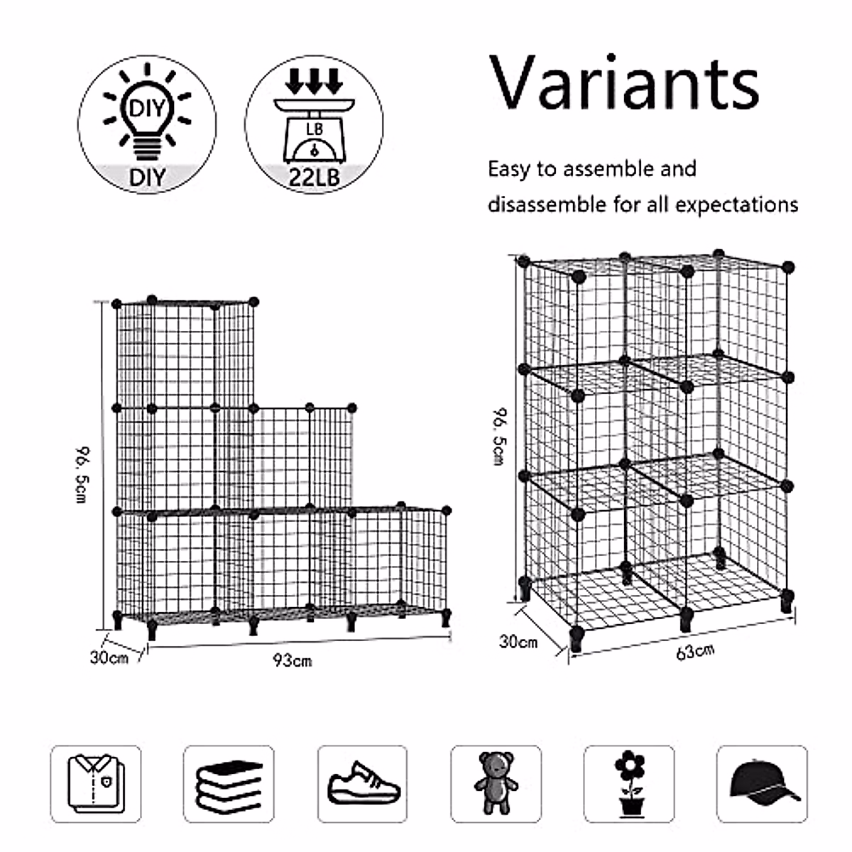 Wolizom Wire Cube Storage, 6-Cube Black Metal Grids Shelves Bookshelf, Stackable Modular Shelving Organizer, DIY Closet Bookcase Bookshelf, Grid Storage Shelf for Bedroom, Living Room, Office