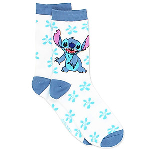 Disney Lilo & Stitch Women's 3 pack Crew Socks (Large (9-11), Stitch White/Blue)