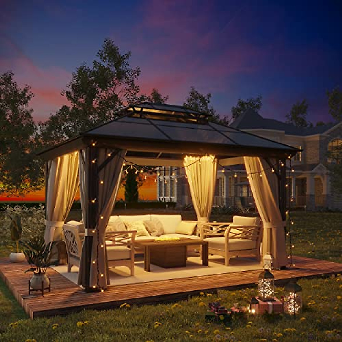 GAZEBEST 10' X 13' Permanent Hardtop Gazebo, Outdoor Polycarbonate Double Roof Pavilion Pergola Canopy with Aluminum Frame and Privacy Curtains for Patio, Garden, Backyard, Lawn