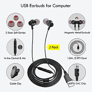 C G CHANGEEK USB Earbuds for Computer, in-Ear USB-A Headphones with Microphone, 1.8M, 2 Pack, 2023 Version